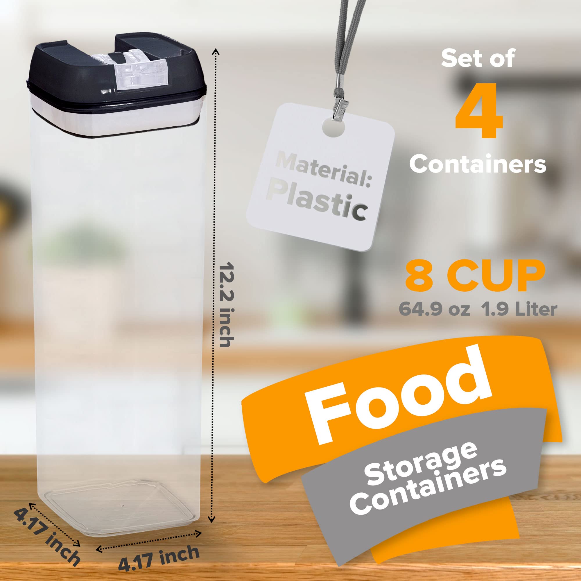 Cheer Collection One Size Airtight Food Storage Containers - Set of 4 IDENTICAL 65 oz Pantry Organizer Bins plus Marker and Labels - Black Lids