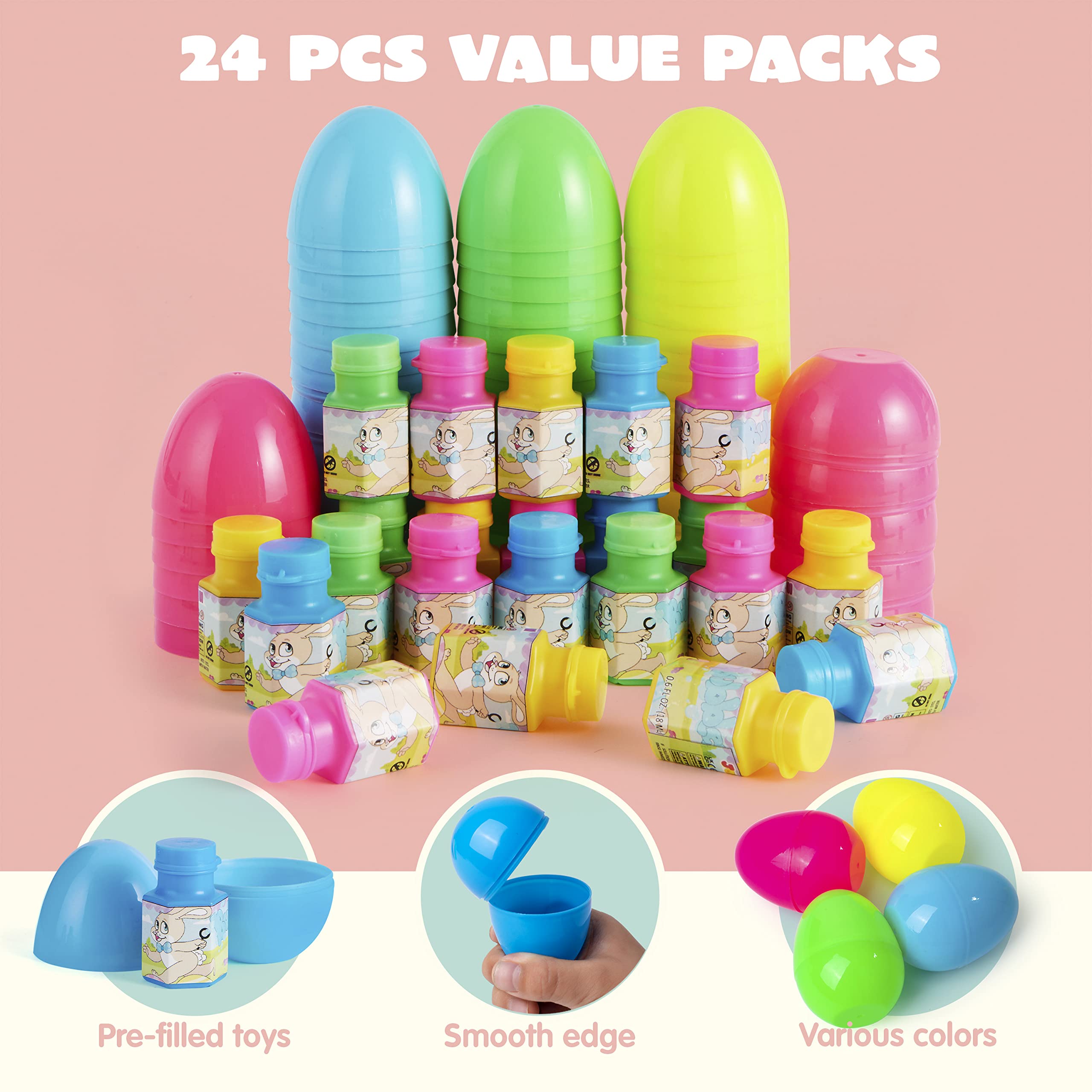 JOYIN 24 Pcs Prefilled Easter Eggs with Bubble Wands for Kids Basket Stuffers, Easter Decorations, Easter Children Fun, Egg Hunt Game, Easter Décor Gifts and Party Favors, 3.15"