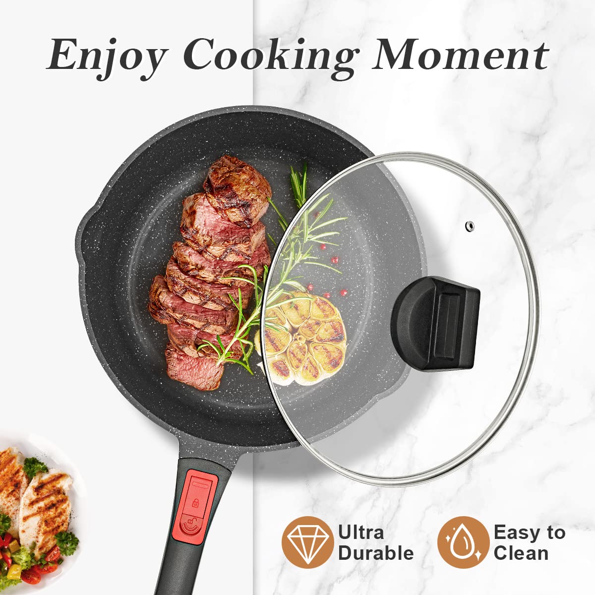 Bobikuke 5 Pcs Nonstick Deep Frying Pan Set with Removable Handle, 8/9.5/11 inch Non stick Skillets Set Coating Cookware with Universal Lid Compatible with All Stovetops, Oven& Dishwasher Safe