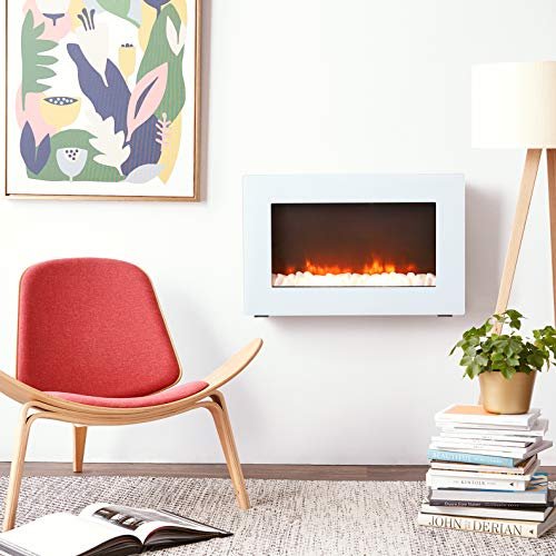 Cambridge Callisto 30 Inch Wall Mounted Flat Panel Electric Fireplace Heater with Remote Control, Realistic Flames, and Crystal Rock Display for Living Room, Bedroom, Home Office, White