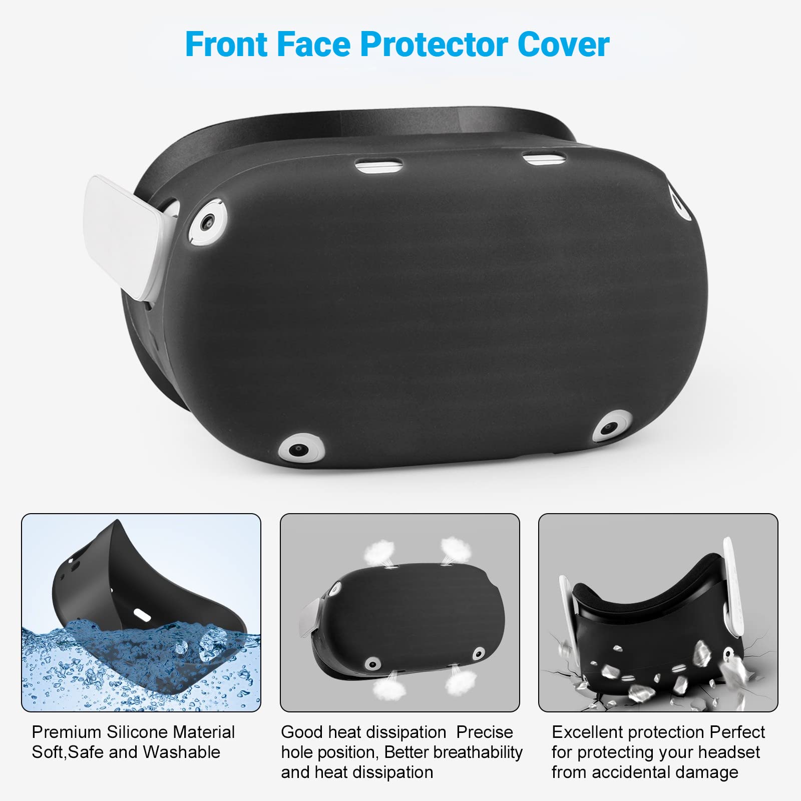 Relohas Accessories for Oculus/Meta Quest 2, Touch Controller Grip Cover, Front Face Protector Cover, Silicone Face Cover with Lens Protective Cover, Protect Your VR in All Aspects(4PCS, Black)