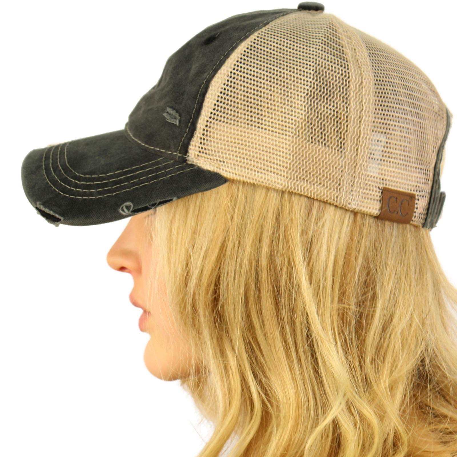 C.C Exclusives Washed Distressed Cotton Denim Criss-Cross Ponytail Hat Baseball Cap Bundle Hair Tie (BT-933) (A Crossed Elastic Band(Tie-dye)-Star Black)