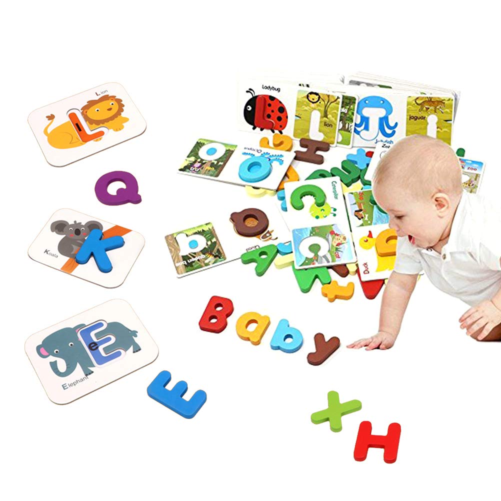 Vankcp 26Pcs Wooden Letters Card Numbers Alphabets ABC Flash Cards Set Montessori Animal Color Cognition Matching Puzzle Game