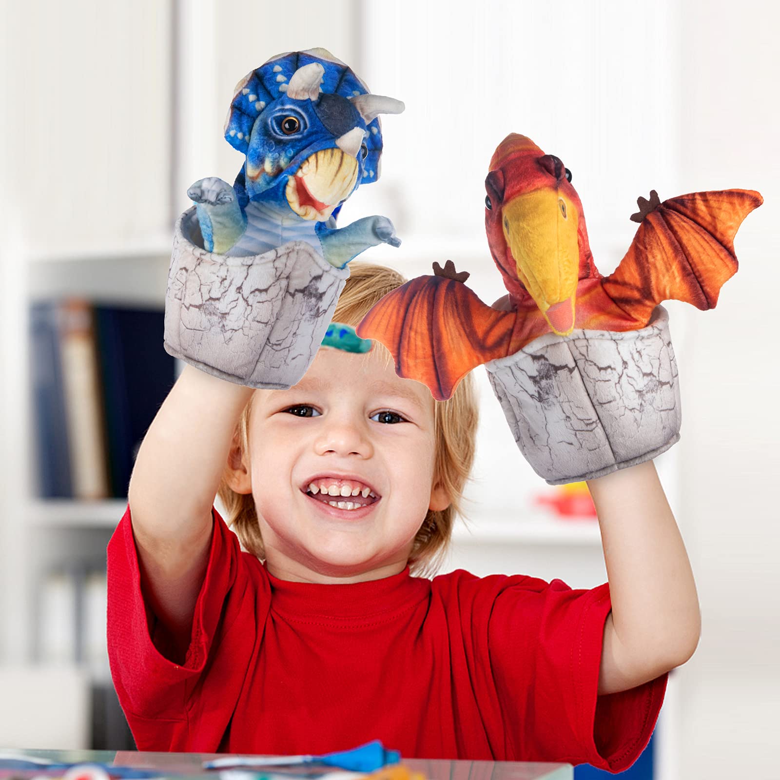 My OLi 9.5”Plush Dinosaur Hand Puppet Bundle 3 Pack of Stuffed Dinosaur with Egg for Creative Role Play Gift for Kids Toddlers Birthday Party Favor Supplies,Imaginative Play