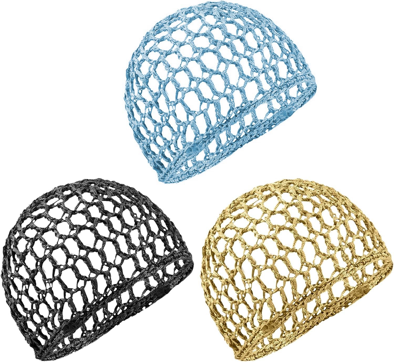 Framendino, 3 Pack Mesh Crochet Hair Net Rayon Knit Snoods Hat Thick Hairnet Snood Cover Ornament for Night Sleeping Hair Accessories (Blue & Black & Khaki)