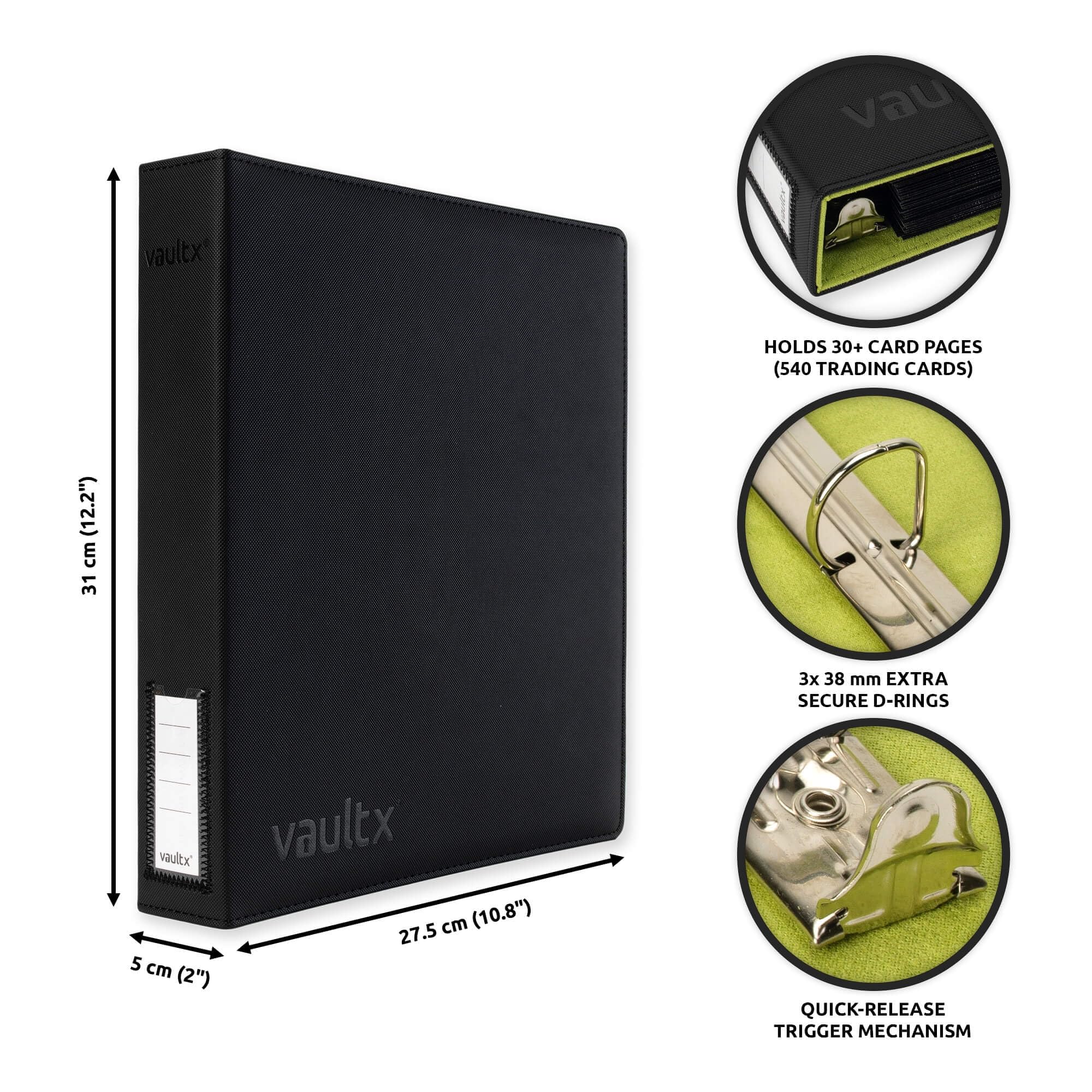 Vault X Premium Exo-Tec 3 Ring TCG Binder for 9 Pocket Trading Card Pages - 30+ Page Capacity Easy Open 3 D-Ring Clip Binder for TCG CCG Photo Cards (Slim, Black)