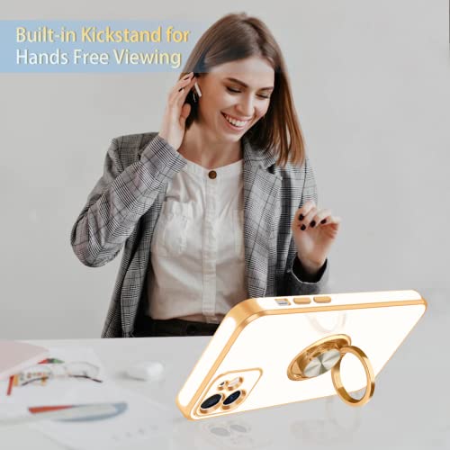 Fingic iPhone 12 Case with 360° Rotatable Ring Holder Magnetic Kickstand, Shiny Plating Gold Edge, Slim Soft TPU Shockproof Protective Cover for Women, Men, White