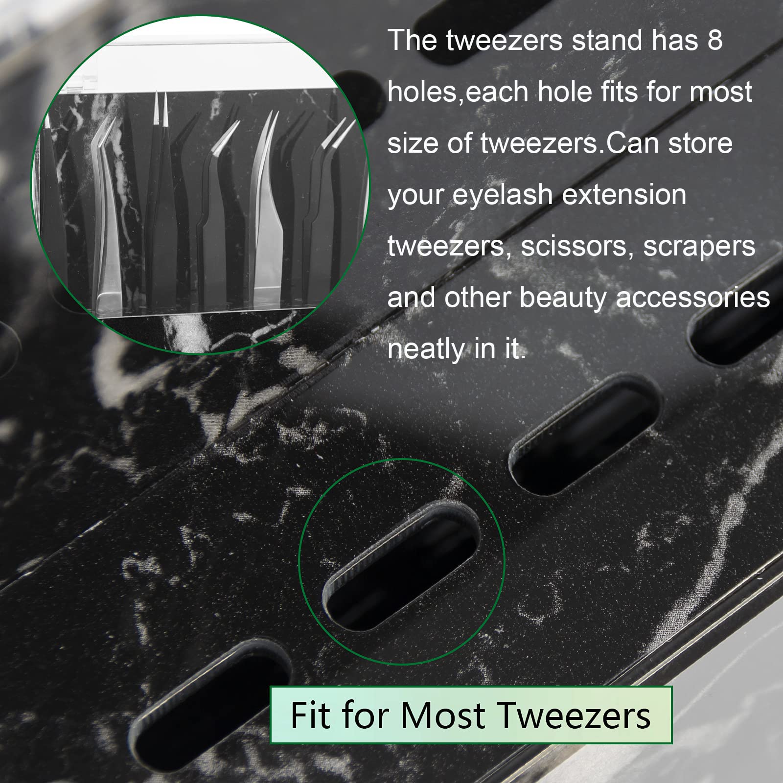 LXIANGN 8 Holes Dust-proof Eyelash Tweezers Holder Case Acrylic Marble Tweezer Stand Display Organizer with Cover for Lash Extensions (black)