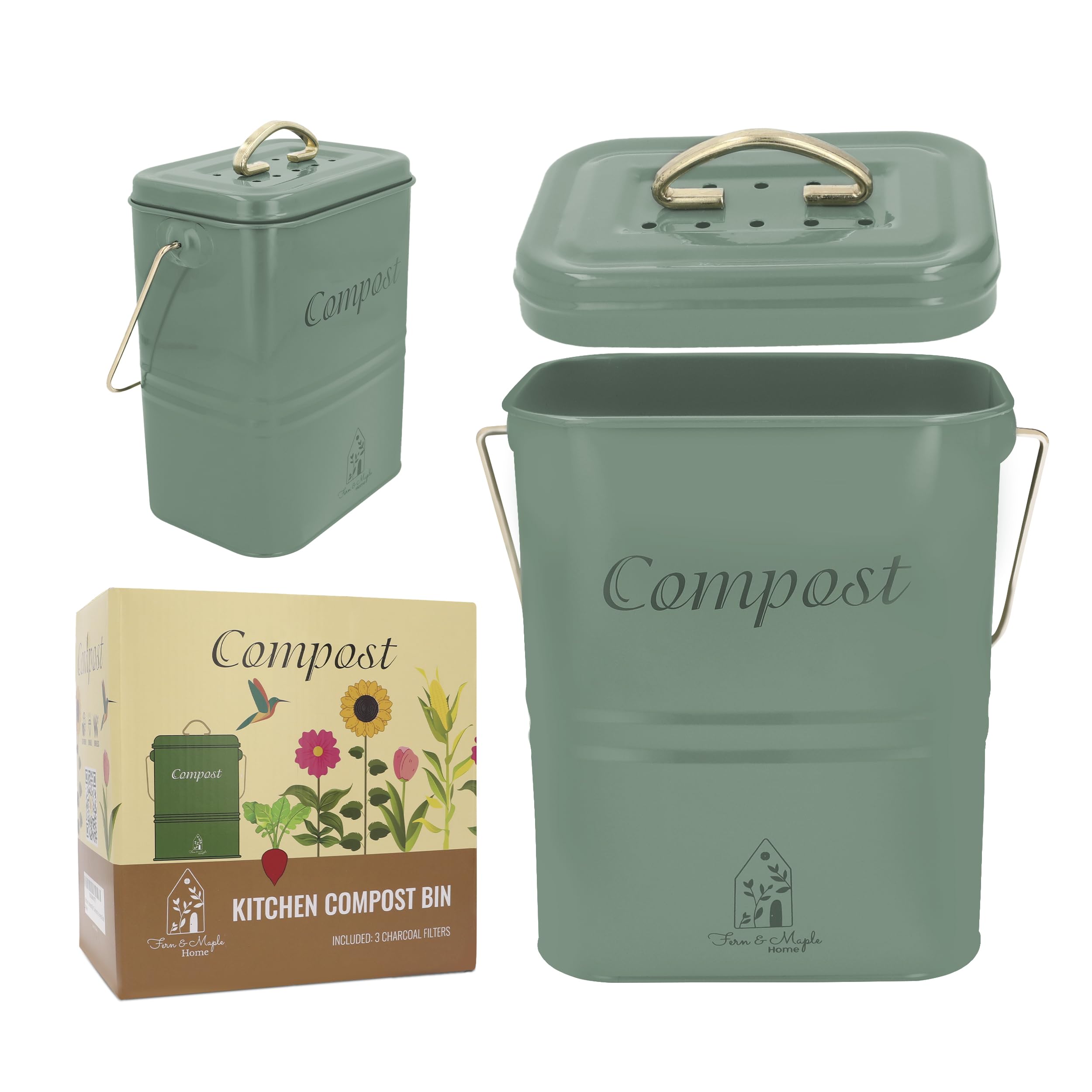 Compost Bin Kitchen Counter – 1 Gal with Lid & 3 Charcoal Filters, Small Square Countertop Composting Bin Fits Against Wall - Space Saving for Food Scraps, Odor-Free Countertop Compost Bucket