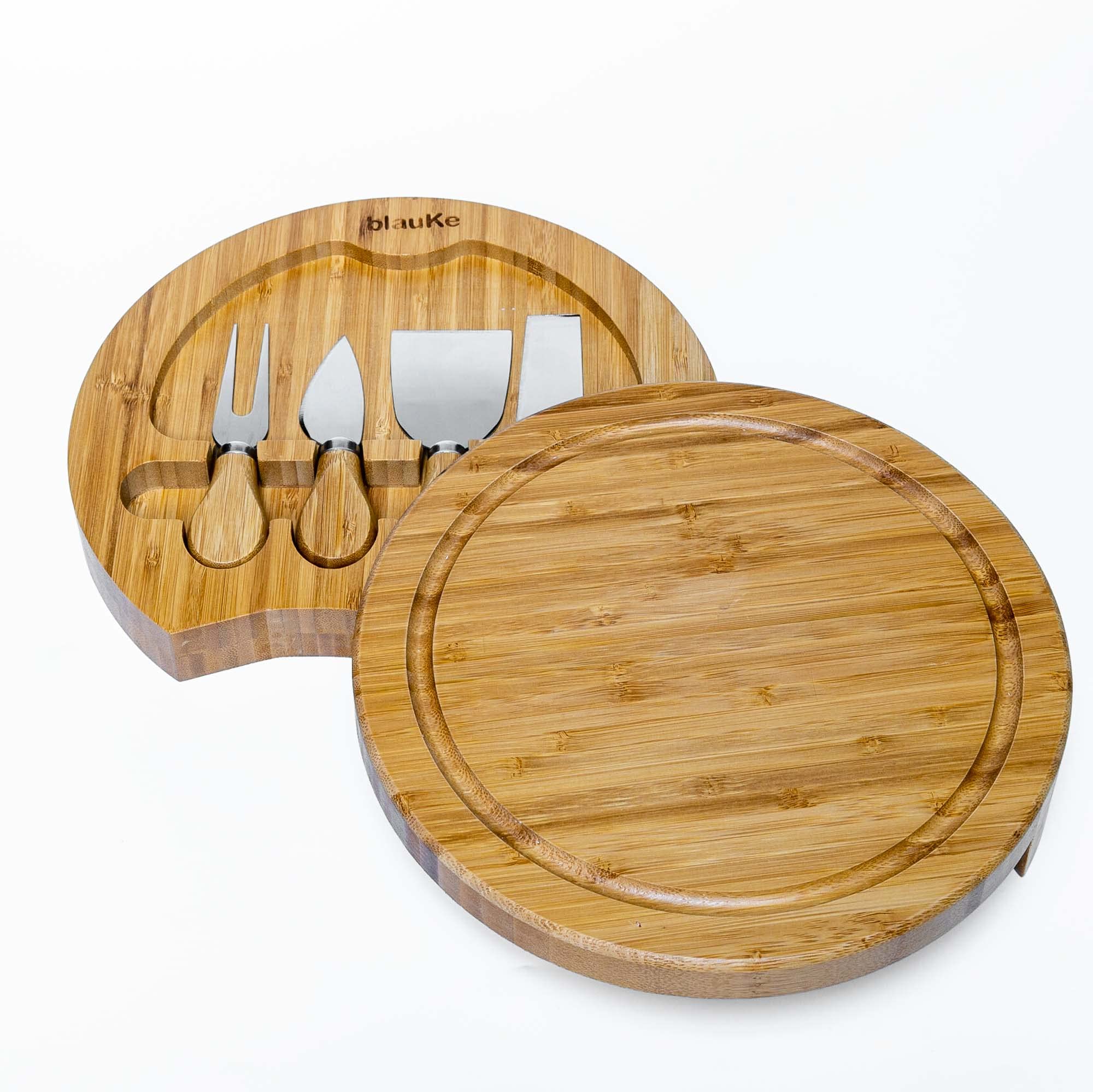 BlauKe Bamboo Cheese Board and Knife Set – 10 inch Round Charcuterie Board, Serving Tray, Platter, Wood Cheese Board Set – Gift Idea