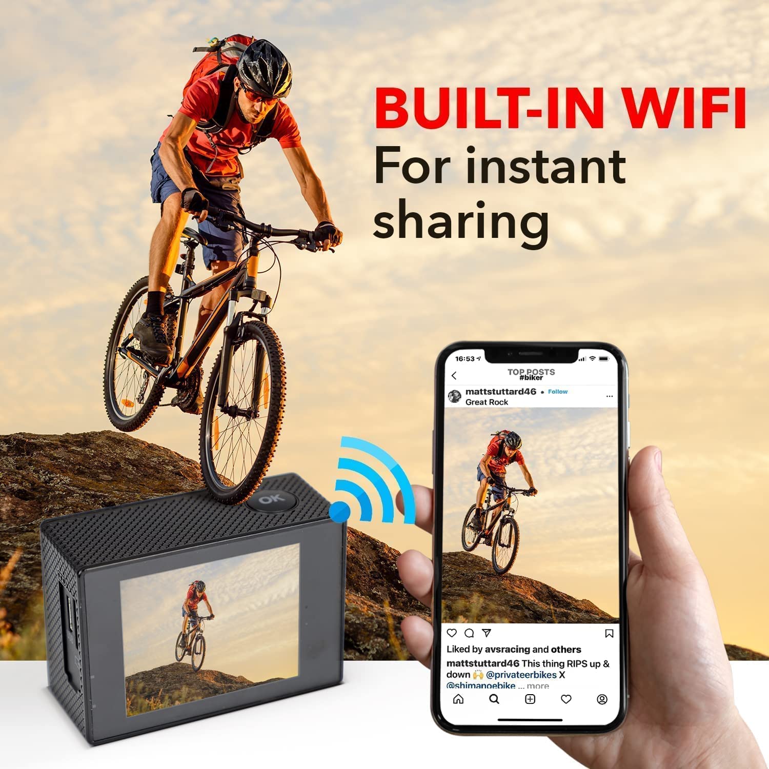 bockstone Action Camera 4K Ultra HD Camera, EIS Sports Camera Underwater 30M Waterproof 170° Wide-Angle Lens, 1 1050mAh Batteries and Installation Kit.