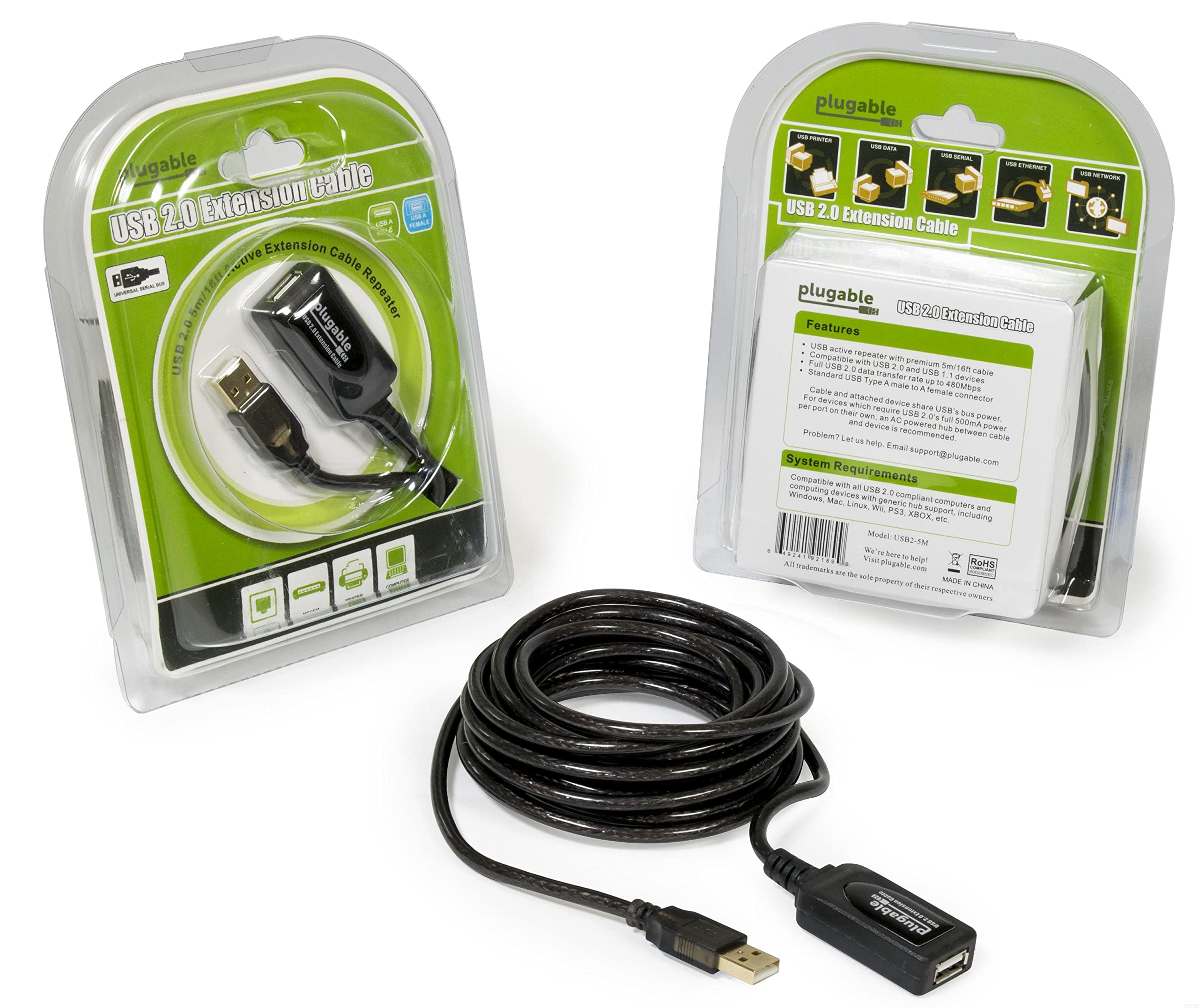 Plugable 5 Meter (16 Foot) USB 2.0 Active Extension Cable Type A Male to A Female - Driverless