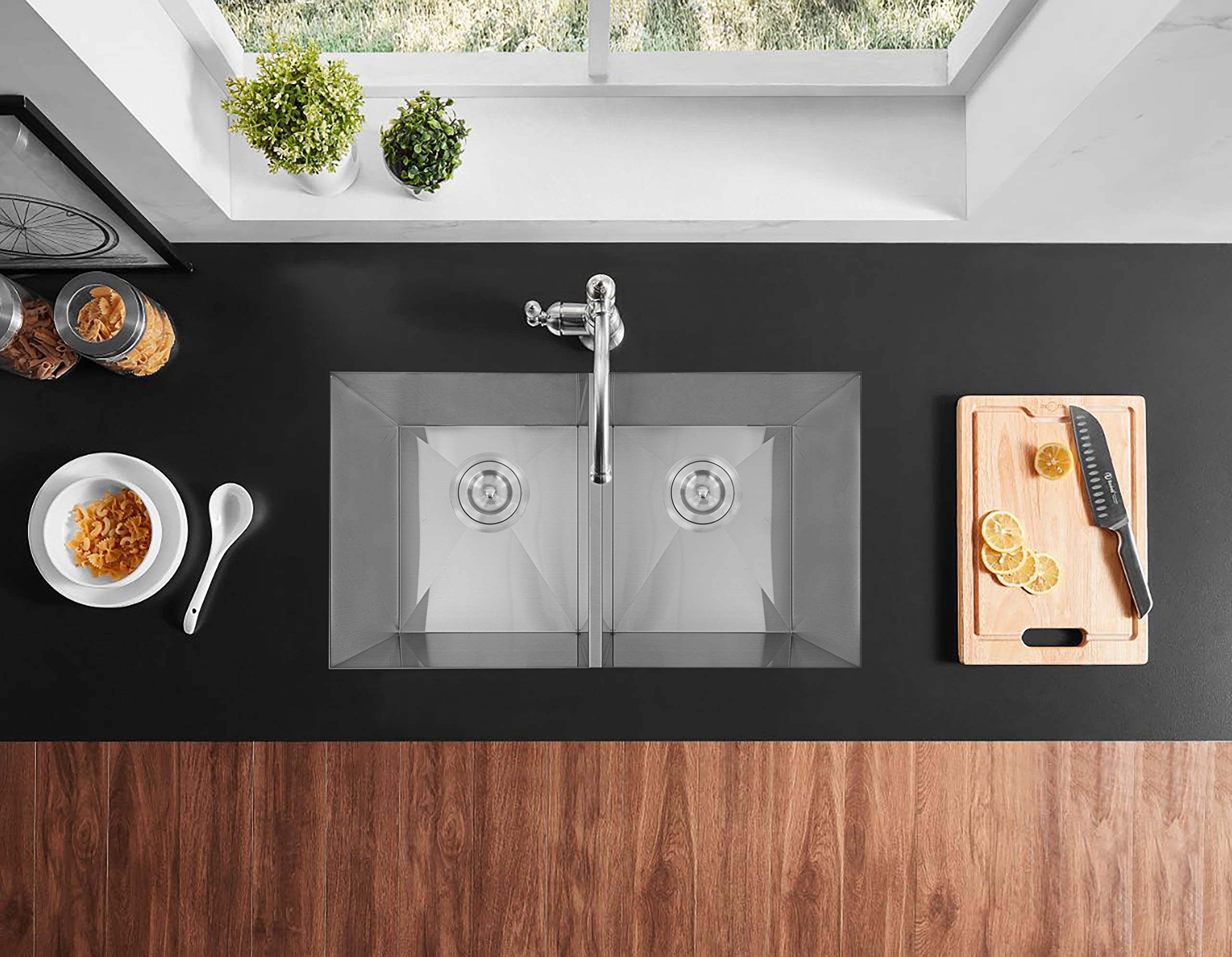 KABCO 32 Inch 16 Gauge Extra Thick Undermount Zero Radius Double Bowl Handmade Kitchen Sink with Stainless Steel Sink Strainers Bottom Sink Grids and a Rolling Grid Combo Package