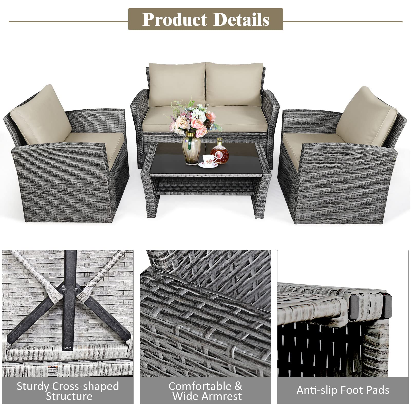 Tangkula 4 Pieces Patio Furniture Set, All Weather Outdoor Sectional Rattan Sofa Set with Cushions & Tempered Glass Table, Wicker Conversation Couch Set for Backyard Garden Poolside