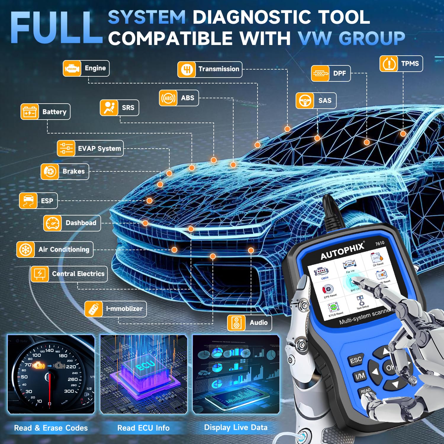Car Code Reader for VW Audi Skoda Seat All Series, Enhanced AP7610 Full-Systems Diagnostic Scanner With Transmission EPB ABS SRS DPF TPMS Check Engine Oil Service & Brake Pad Reset Tool [New Version]