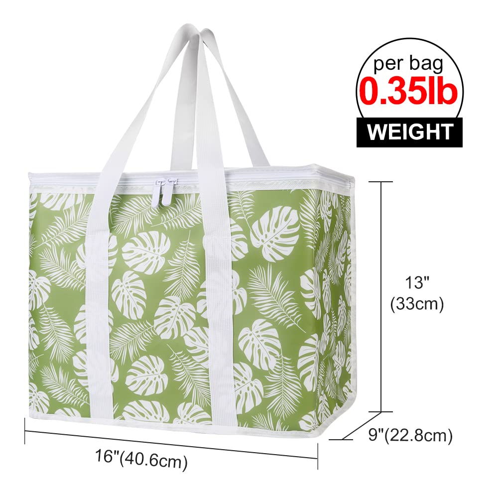 Bodaon 1-Pack Insulated Reusable Grocery Shopping Bags, X-Large Picnic Cooler Bag with Zipper Zippered Top Cold, Green-Leaf