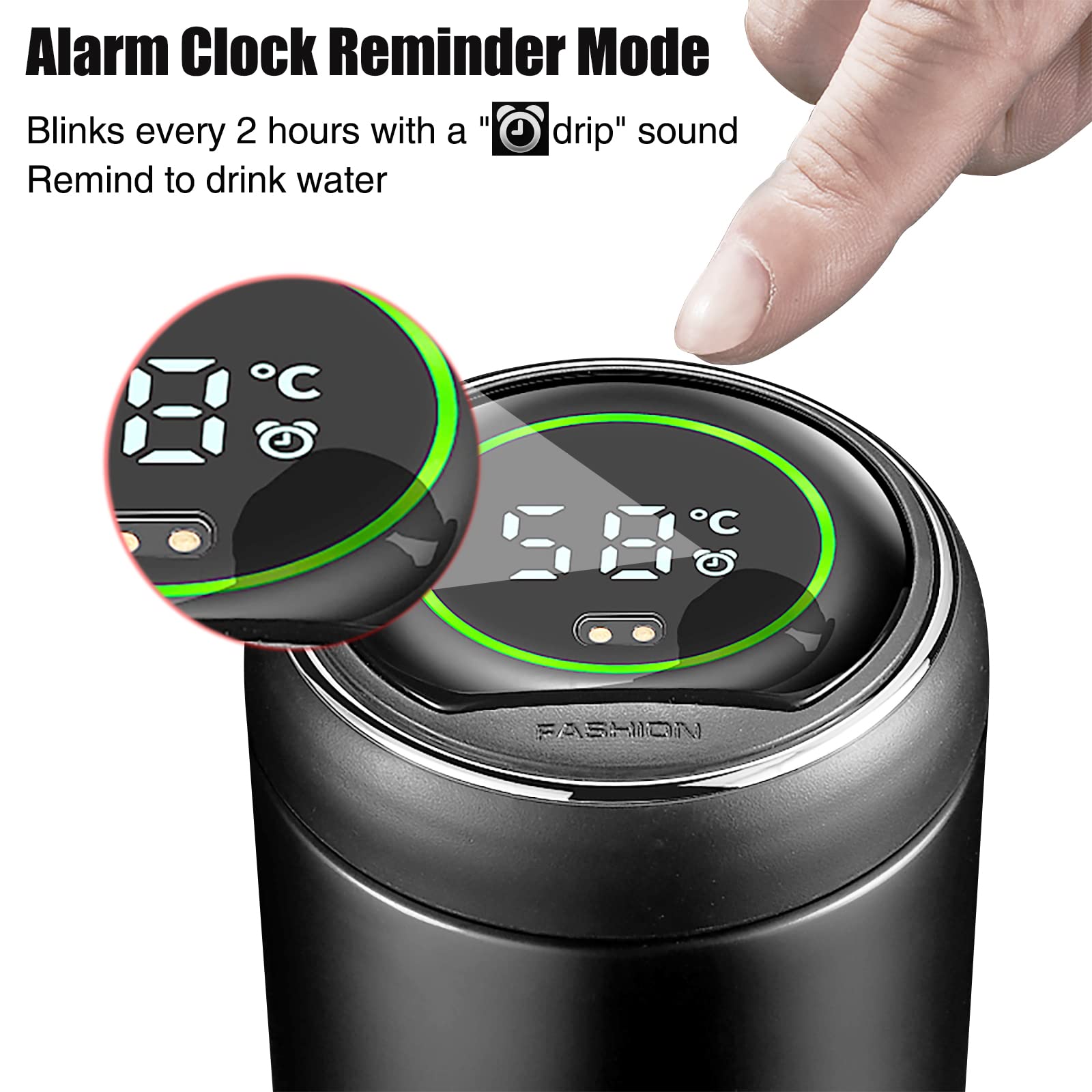 By Luck Temperature Display Water Bottle 16oz - Vacuum Insulated Thermos Bottles, Leakproof, BPA Free, Double Walled Reusable Travel Mug for Keep Hot/Ice Coffee, Tea (Black)