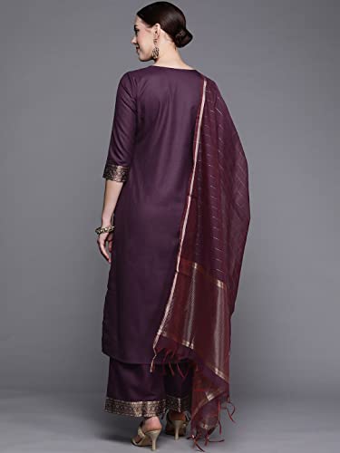 INDO ERA Indian Women's Magenta Cotton Blend Yoke Design Calf Length Straight Kurta Palazzo With Dupatta Set
