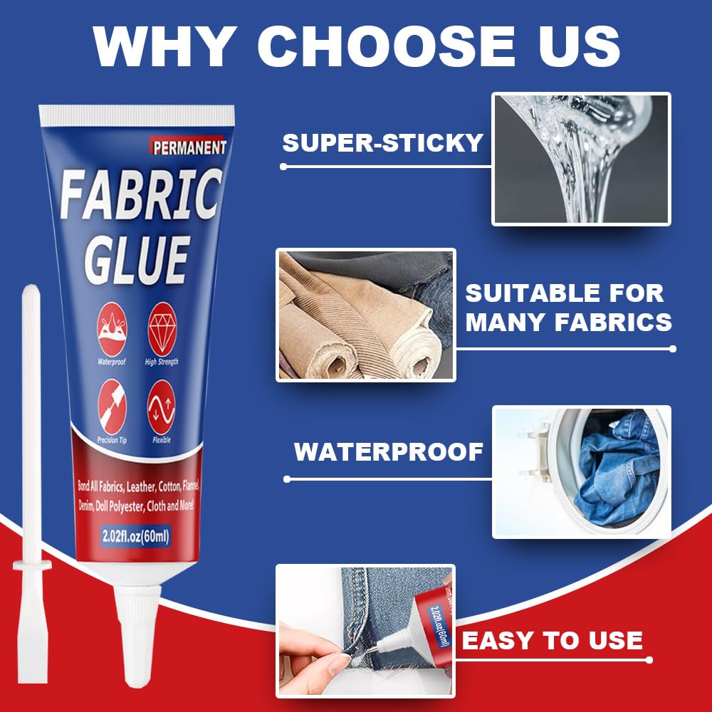 Fabric Glue, Fabric Glue Permanent, Fabric Glue for Clothing, 60ml Permanent Washable Fabric Clear Glue for Clothing Patches Tear Mender for All Fabrics Clothes Leather Cotton Flannel Denim Polyester
