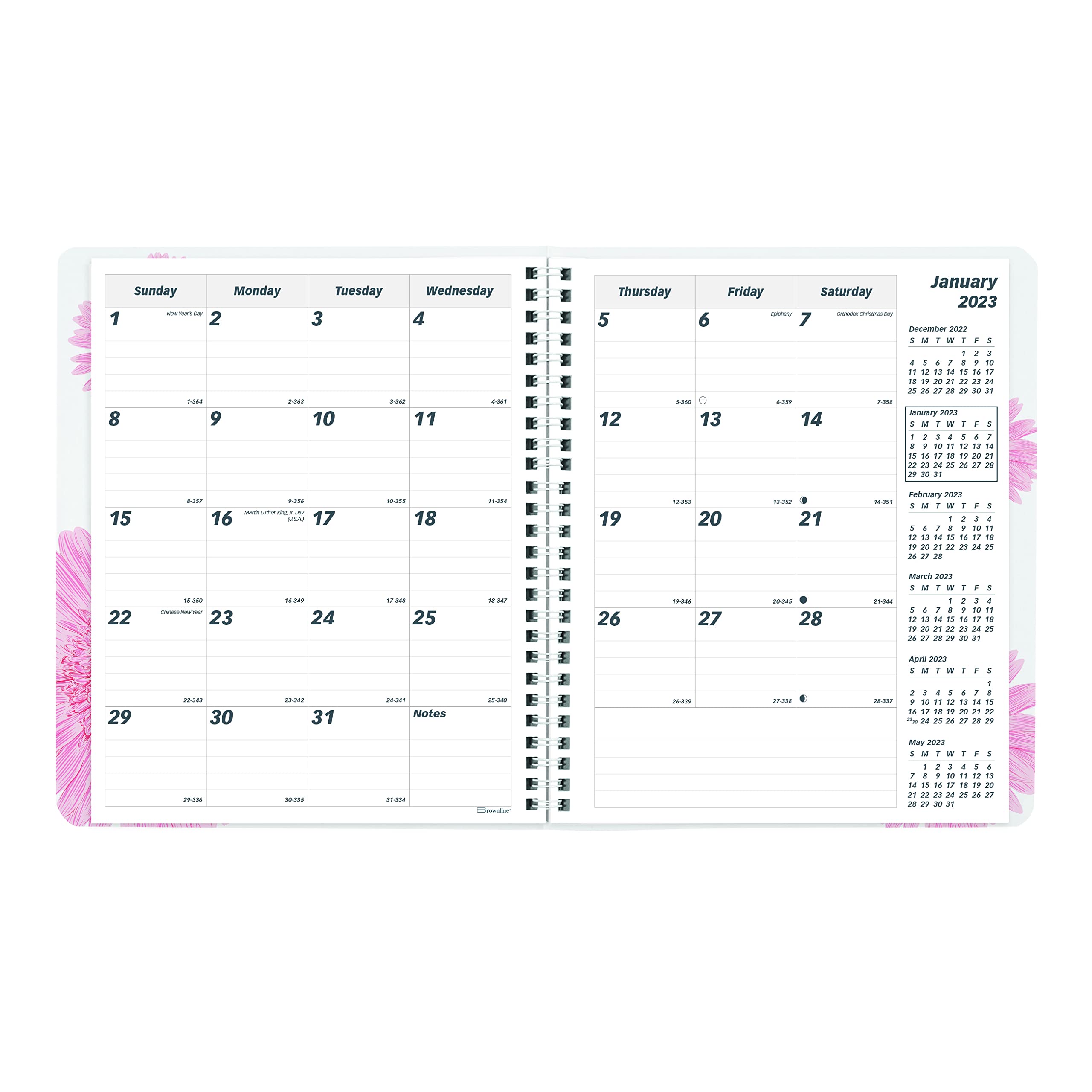 Brownline 2023 Pink Essential Monthly Planner, 14 Months, December 2022 to January 2024, Twin-Wire Binding, 8.875" x 7.125", Pink Daisy (CB1200G.05-23)