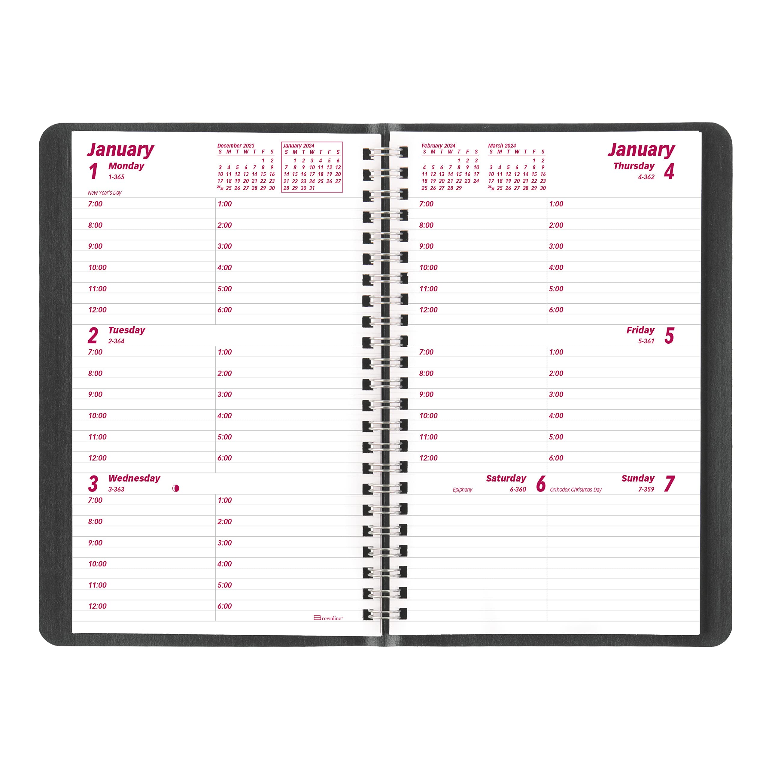 Brownline 2024 Essential Weekly Planner, Appointment Book, 12 Months, January to December, Twin-Wire Binding, 8" x 5", Black (CB75.BLK-24)