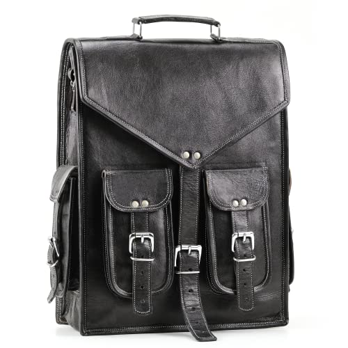 Handmade World Black Vintage Leather Backpack Laptop Messenger Bag Rucksack Sling for Men and Women (12" x 16")