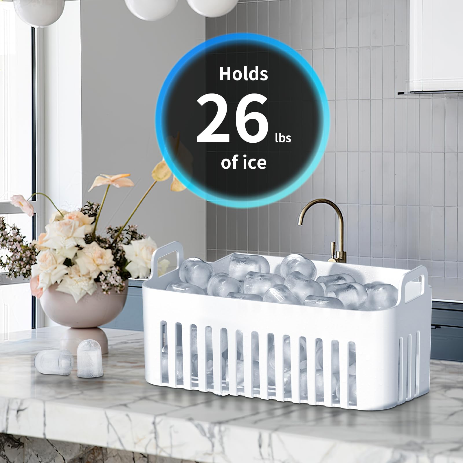 Crzoe Ice Makers Countertop,26.5Lbs/24H,Self-Cleaning Portable Ice Maker Machine with Handle,9 Bullet Cubes in 6 Mins,2 Sizes of Bullet Ice for Home/Kitchen(Black)