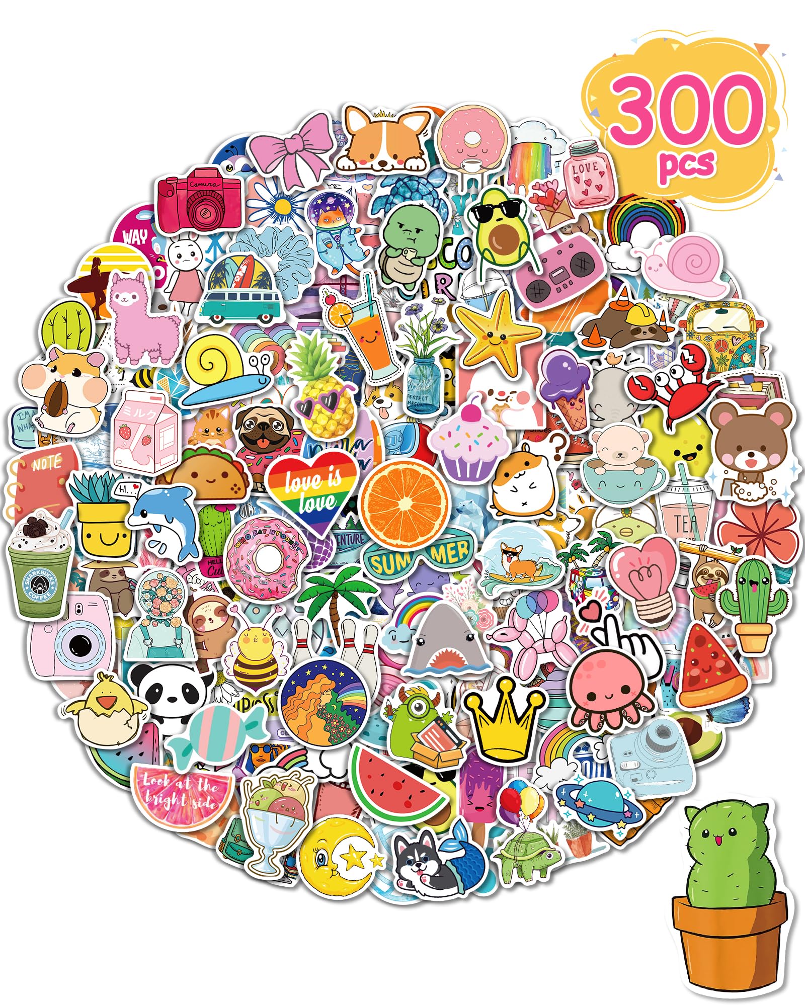Sticker for Water Bottles, 300 Pcs/Pack Cute Vinyl Waterproof Vsco Laptop Stickers for School Students Gifts Classroom Teachers Prizes Stickers for Kids Teens Girls