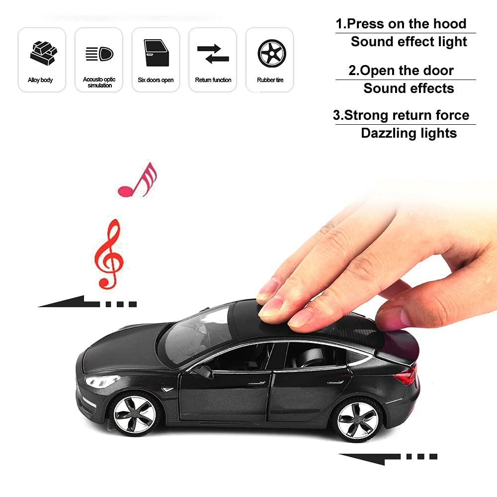 Model 3 Toy Car 1:32 Scale Alloy Car Model 3 Diecast & Pull Back Toy Vehicles Car Toy for 3 to 12 Years Old Toddlers Kids Toy Gift - with Lights and Music (Black)