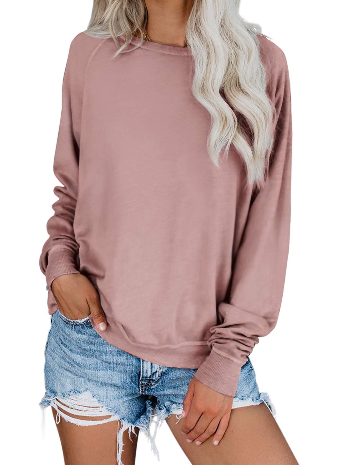 Canikat Womens Autumn Ladies Loose Fit Crewneck Ribbed Raglan Long Sleeve Casual Solid Tops Blouses Fashion T-Shirts Thin Pullovers Sweatshirt Pink M