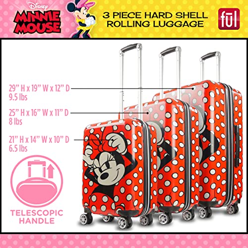 FUL Disney Minnie Mouse 3 Piece Set Rolling Luggage, Polka Dot Printed Hardshell Suitcase with Wheels, 21, 25 and 29 Inch, Red (FCFL0153-603)