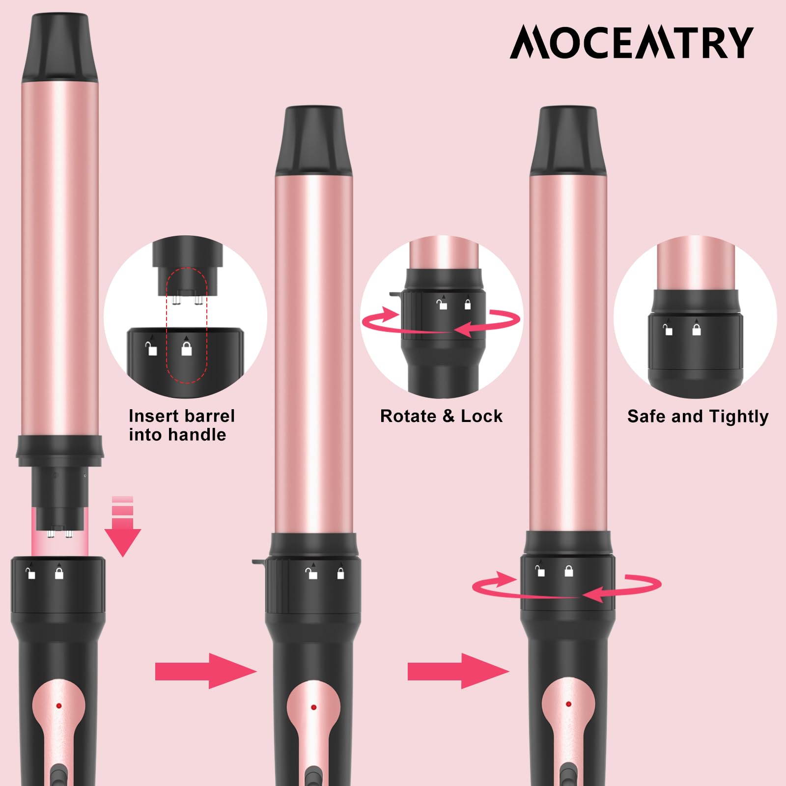 Curling Iron Wand Set, 5 in 1 Wave Hair Curler 0.35-1.25 Inch Interchangeable Ceramic Barrels Crimpers (Pink)