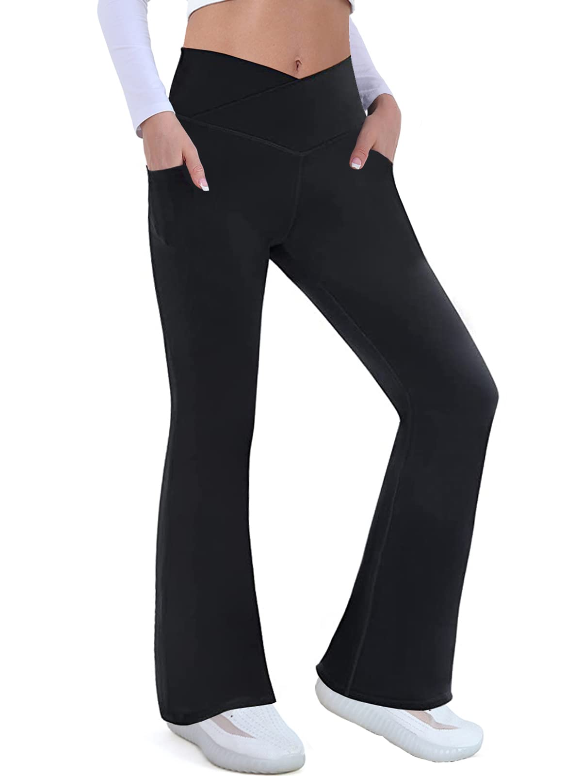 Cicendy Womens Flare Leggings,Crossover Yoga Pants Casual Bootleg Pockets High Waisted Stretchy Control Gym Workout Pants (as1, Alpha, s, Regular, Regular, Black)