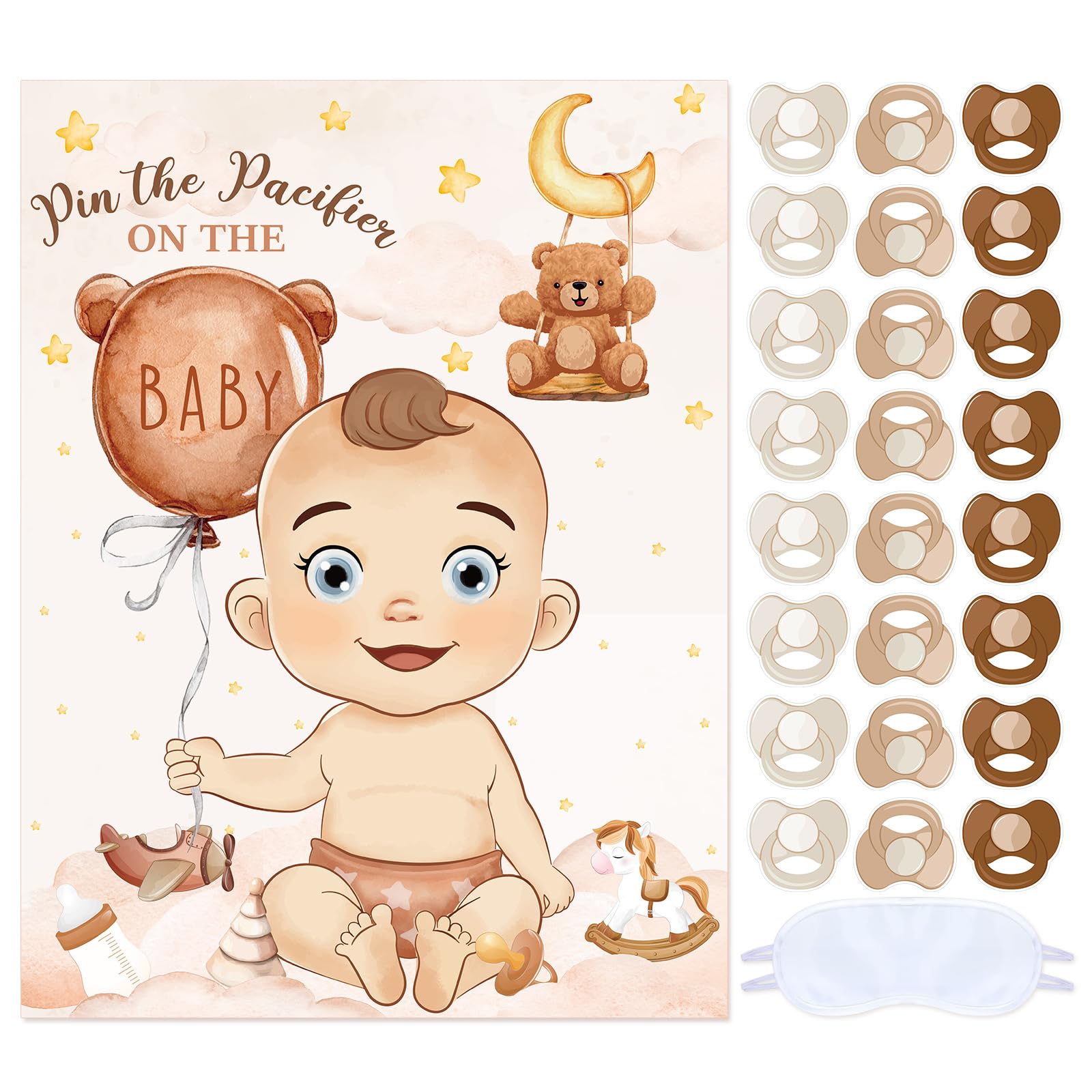 Faccito Pin The Pacifier Baby Shower Games Bear Baby Shower Decoration Include Brown Poster 24 Pacifier Stickers Blindfold Pin The Pacifier on Baby Game for Bear Baby Shower Birthday Party Supplies