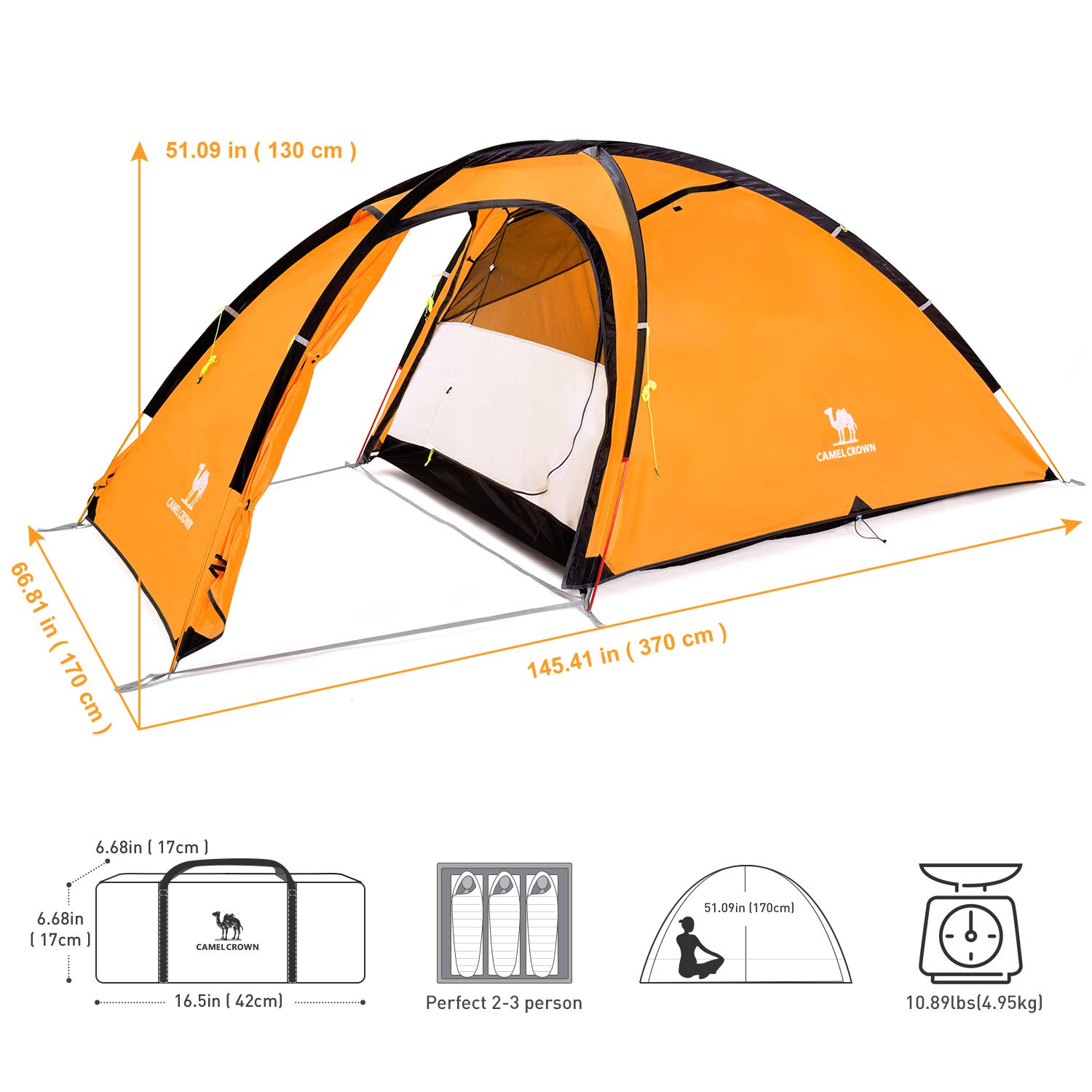 CAMEL CROWN 2-Person-Camping-Tents, Waterproof Windproof Tent with Front Hall, Aluminum Pole, Easy Set Up, Portable with Carry Bag, for All Seasons