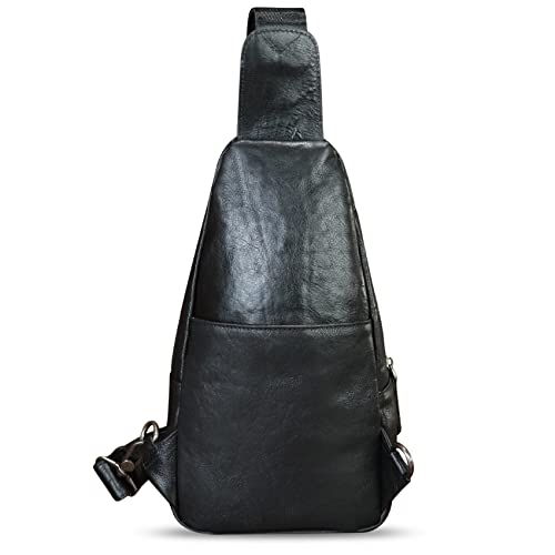 FEIGITOR Genuine Leather Sling Bag Retro Crossbody Sling Backpack Handmade Chest Shoulder Bag Daypack Purse Fanny Pack (Black)