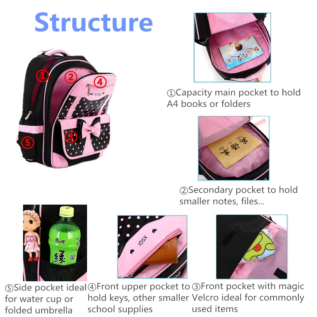 Bowknot Kids Rolling School Backpack 2Pcs Polka Dot Princess Style Trolley Bookbag on Two Wheels