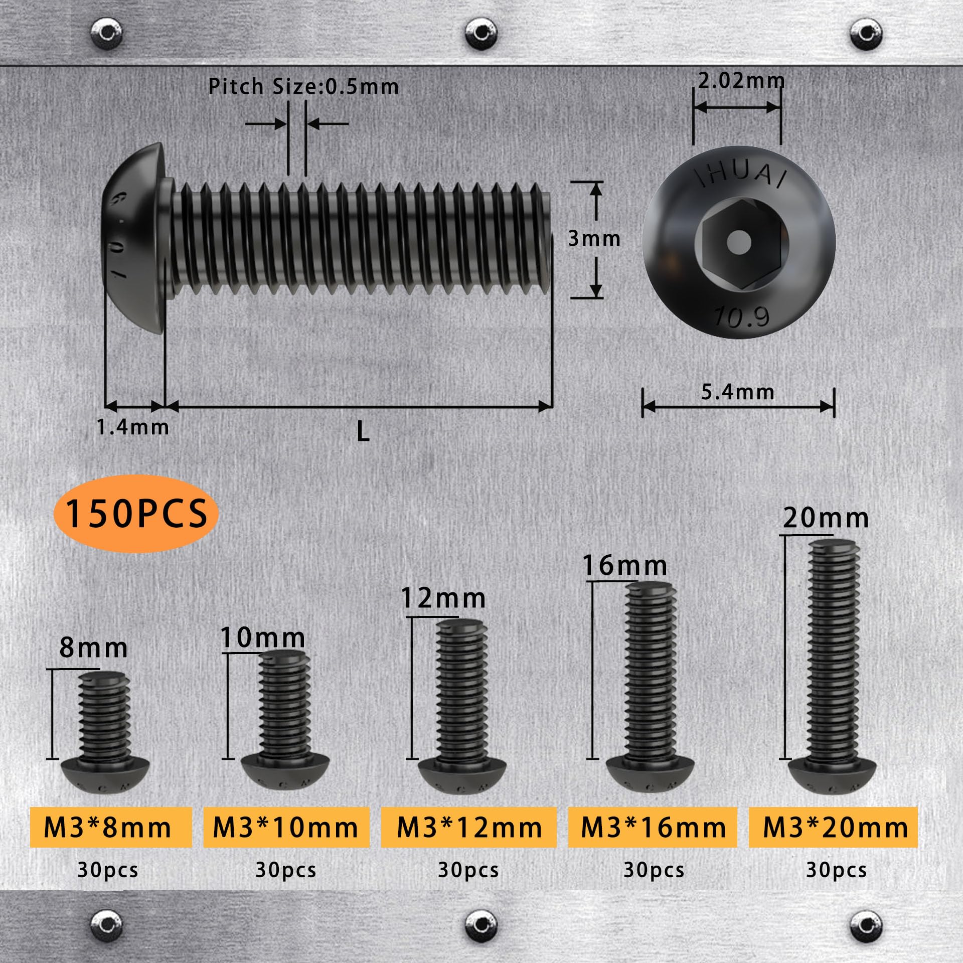 Cicidorai M4 x 8mm 10mm 12mm 16mm 20mm Button Head Socket Cap Screws Bolts, 10.9 Grade Alloy Steel, Metric Allen Hex Drive, Black Oxide Finish, Fully Threaded, Assortment Kit 100Pcs
