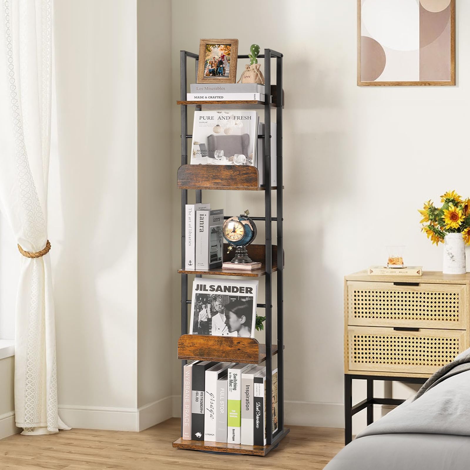 Bikoney Bookshelves 5-Tier, Rotating Bookshelf Tower for Corner, Small Bookcase, Tall Industrial Bookshelf, Narrow Bookshelf, Wood and Metal Black
