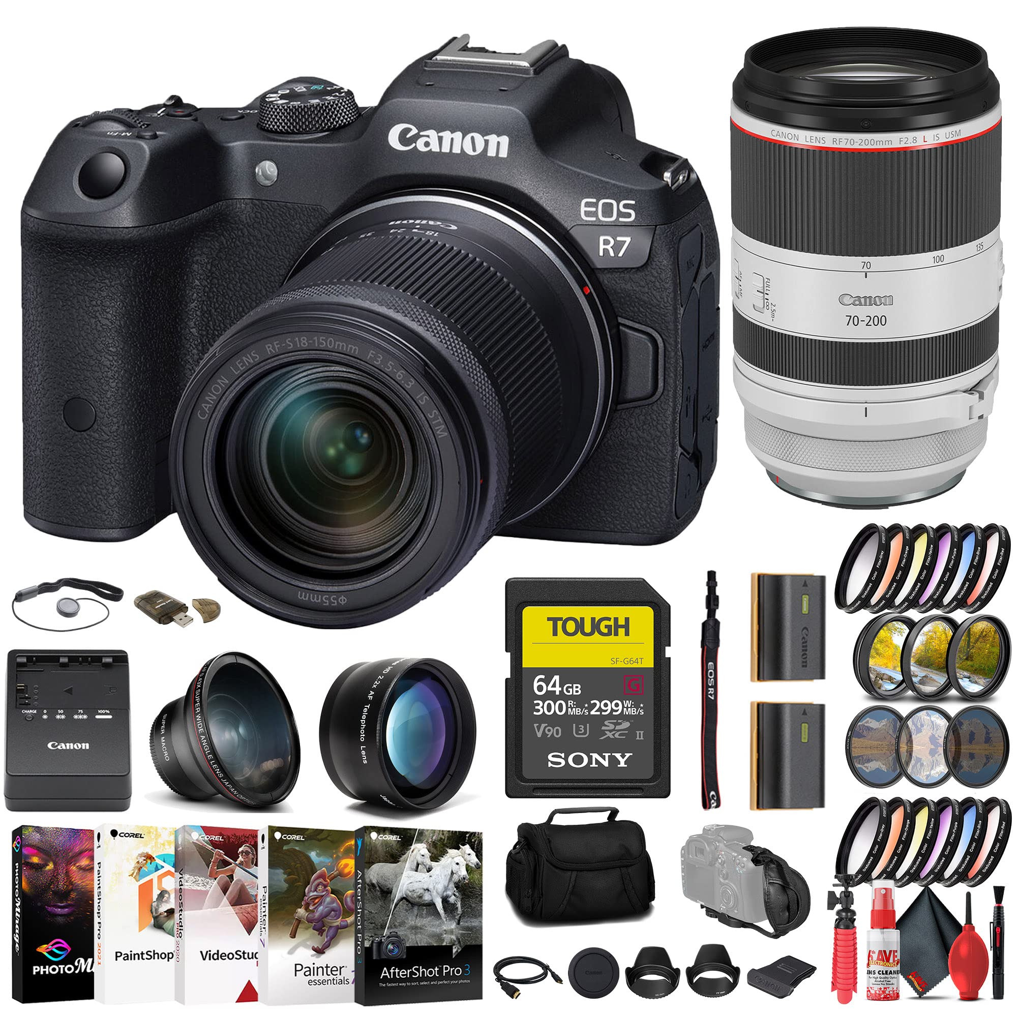 Canon EOS R7 Mirrorless Camera with 18-150mm Lens (5137C009) + Canon 70-200mm Lens (3792C002) + 64GB Tough SD Card + Filter Kit + Wide Angle Lens + Telephoto Lens + Color Filter Kit + More (Renewed)