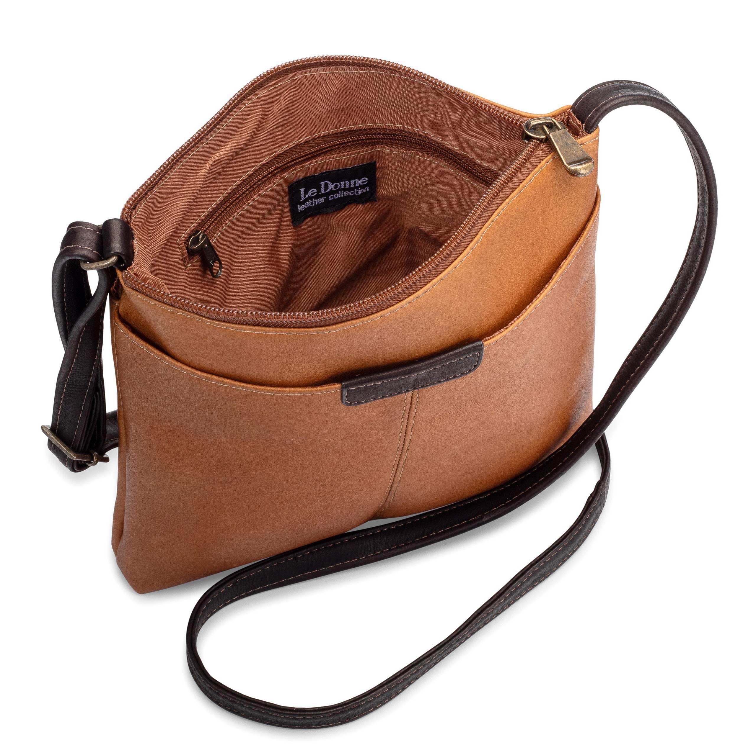 Le Donne Leather Cora Slip Pocket Crossbody - Premium Full Grain Colombian Leather, 9" x 9.5"x1" (Tan)