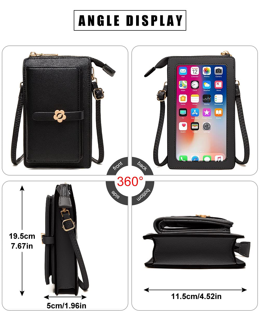 VEVESMUNDO Touchscreen Purse Wallet Zipper Holder Bag with Clear Touch Screen Phone Window (Black)