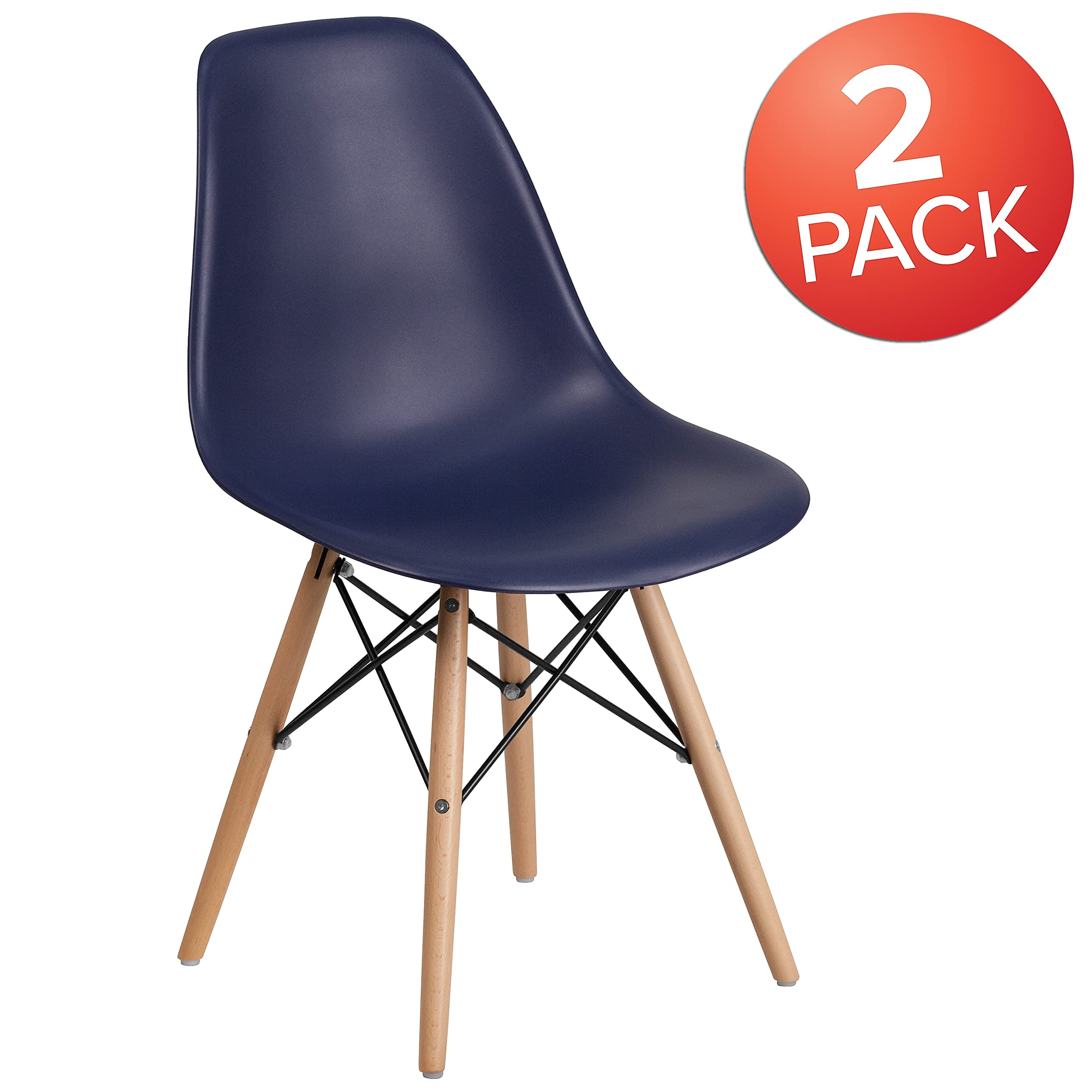 Flash Furniture 2 Pack Elon Series Navy Plastic Chair with Wooden Legs for Versatile Kitchen, Dining Room, Living Room, Library or Desk Use