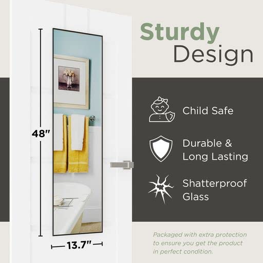Mirrotek - Full Length Adjustable Over The Door Mirror Black Aluminum Finish - Hanging Instant Install Long Full Body Mirror for Bedroom, Dorm Room