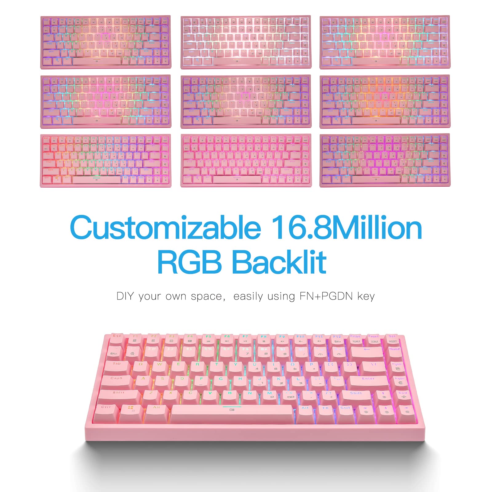 OKKID Mechanical Keyboard 60%, Wired Bluetooth Gaming Keyboard, Red Switches, RGB Backlight, CQ84 Wired Keyboard, 84 Keys, for Windows PC, Mac,Smartphone