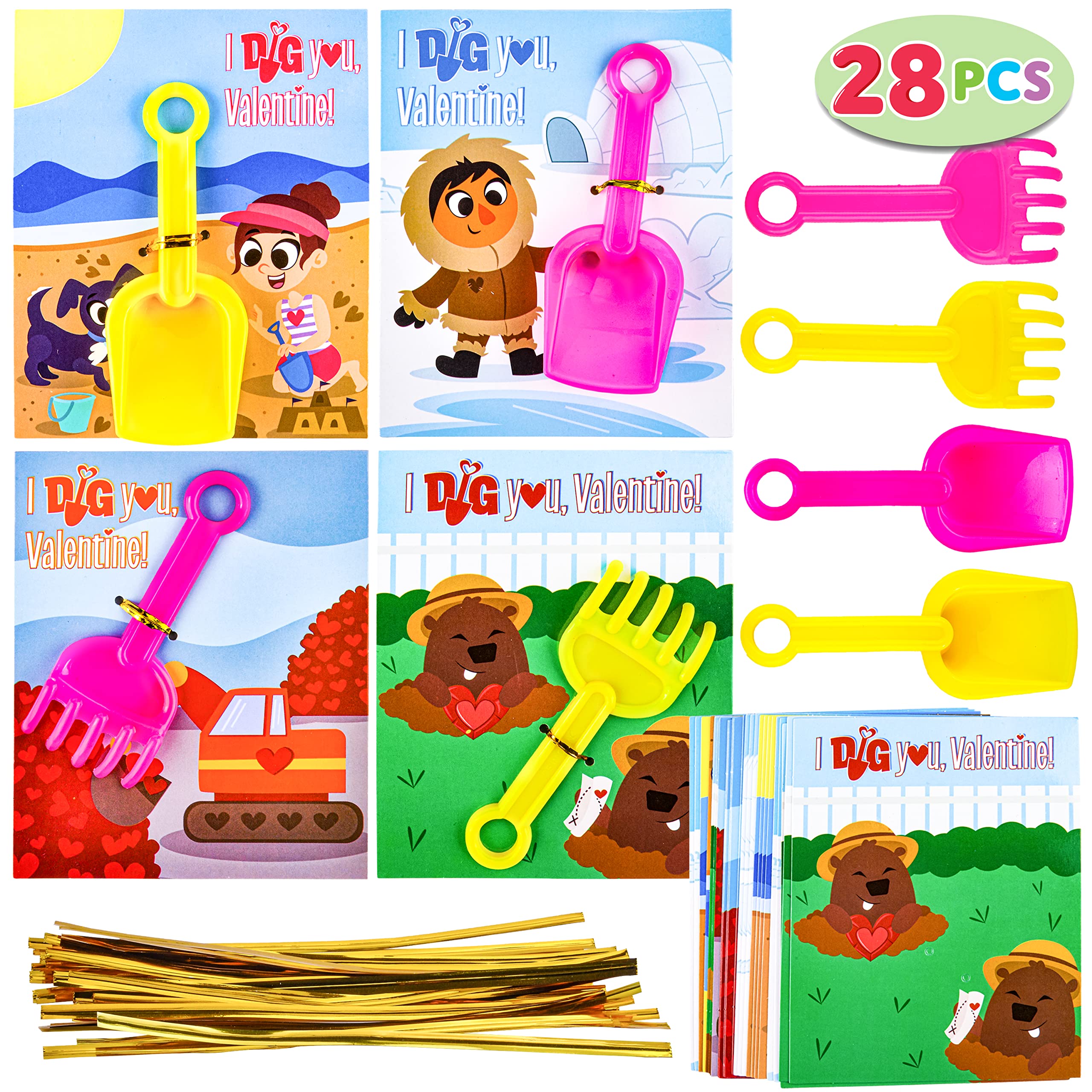 JOYIN 28 Packs Valentines Day Cards with Shovel Toys for Valentine Party Favor, Classroom Exchange Prize, Valentine’s Greeting Cards, Shovels and Rakes Beach Toys, “I DIG YOU Valentine”