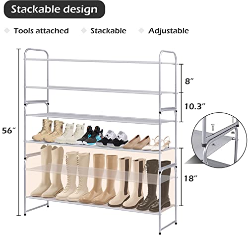 MISSLO 2 tier Long Shoe Rack for Closet Shoe Organizer Holds 18-Pairs, Wide Low Stackable Shoe Storage Shelf for Bedroom Floor, Men Boots, Women Heels, Kids Sneakers (Grey)