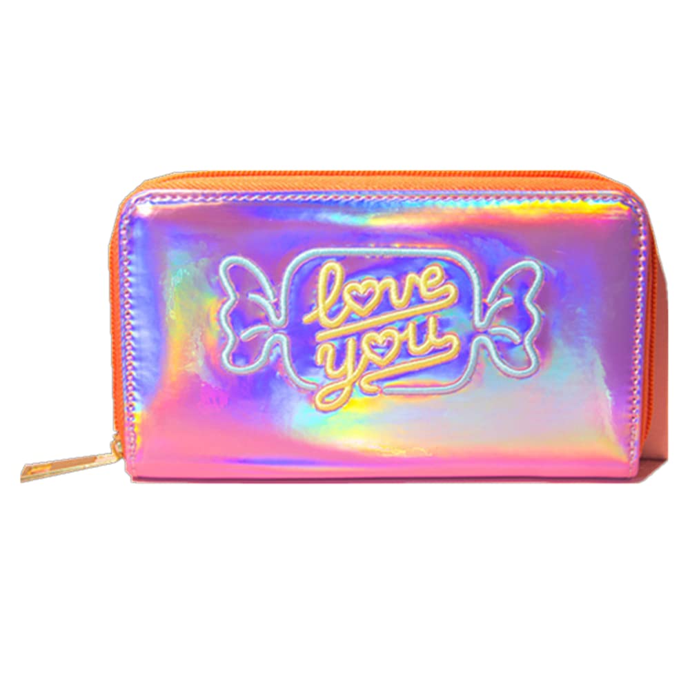 NC Slim Pink wallets for Girls Women, Cute Holographic Luminous Zipper Card Holder Cellphone Handbag Clutch Purse Wallet for Little Girls