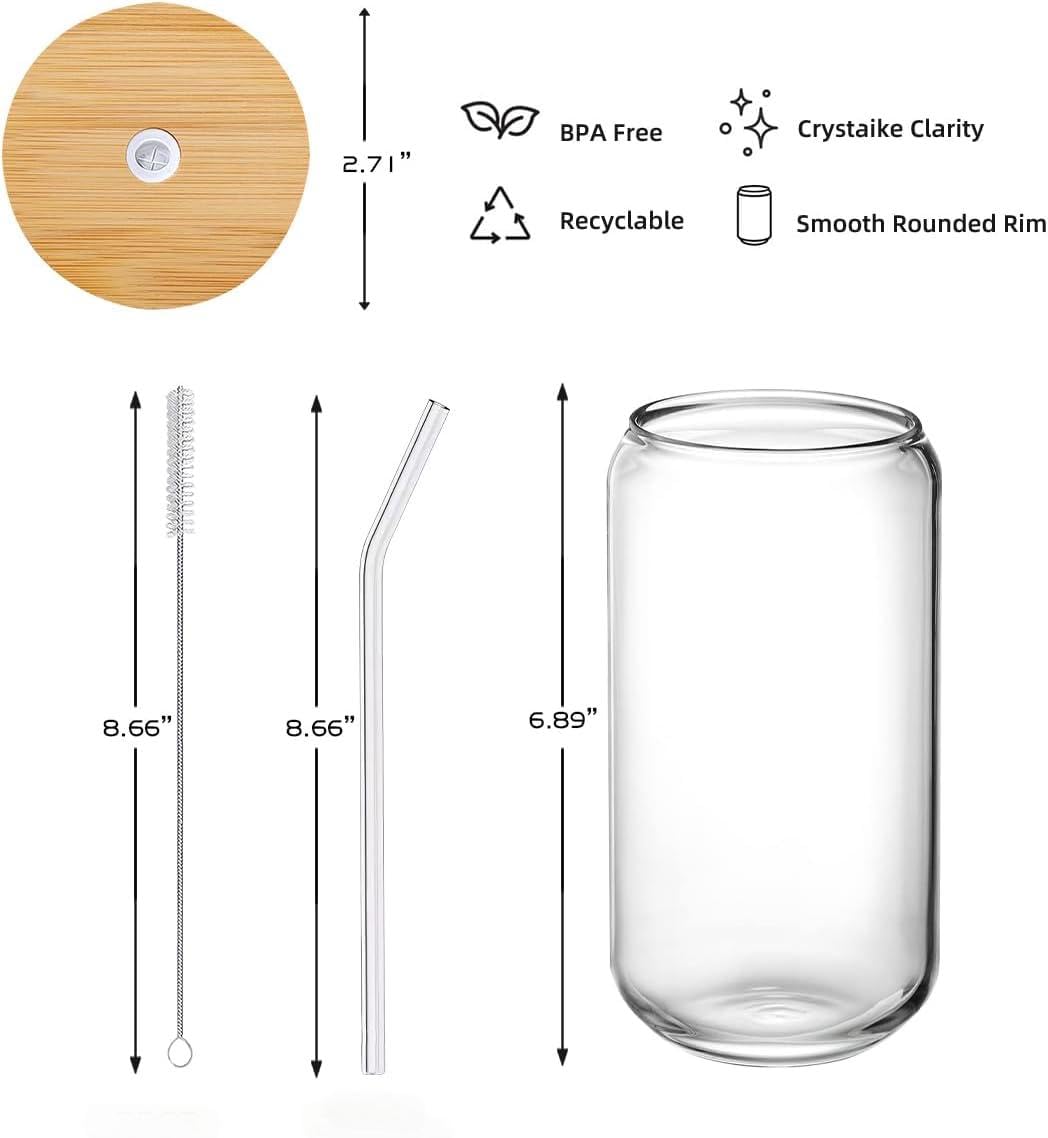 DAMCONME Glass Cups with Lids and Straws 1Pack,Glass Coffee Cups,Glass Cup with Lid for Iced Coffee,Smoothie,Cocktail,Beer,Whiskey,Soda,Matcha,16 Oz Glass Cup with Bamboo Lid,1 Brush