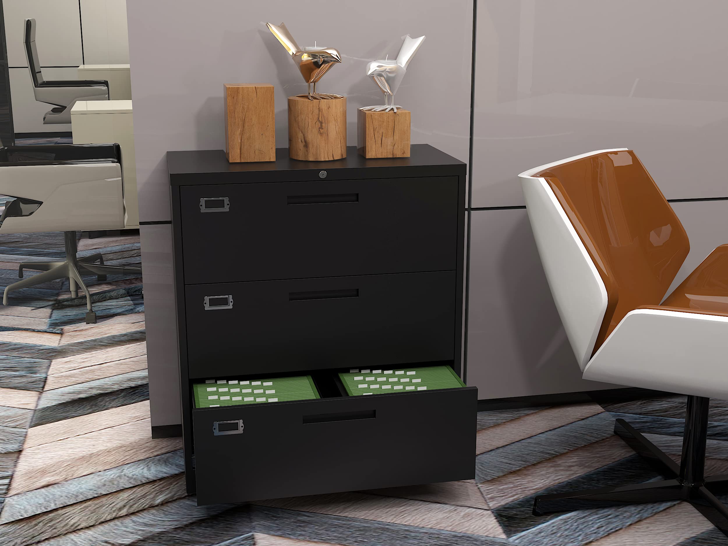 BYNSOE File Cabinet with Lock 3 Drawer Lateral File Cabinets for Legal/Letter A4 Size Metal Filing Cabinet for Office Home Requires Assembly(3 Drawers, Black)